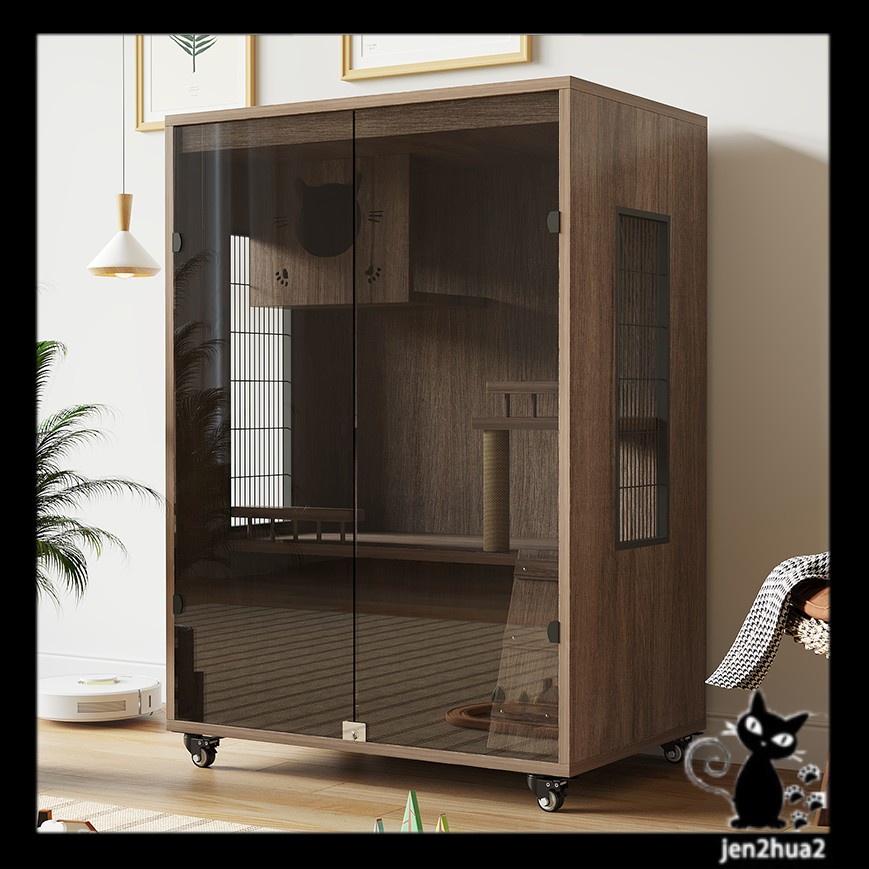 Solid wood waterproof tempered glass cat villa cat cage cat litter bed ...