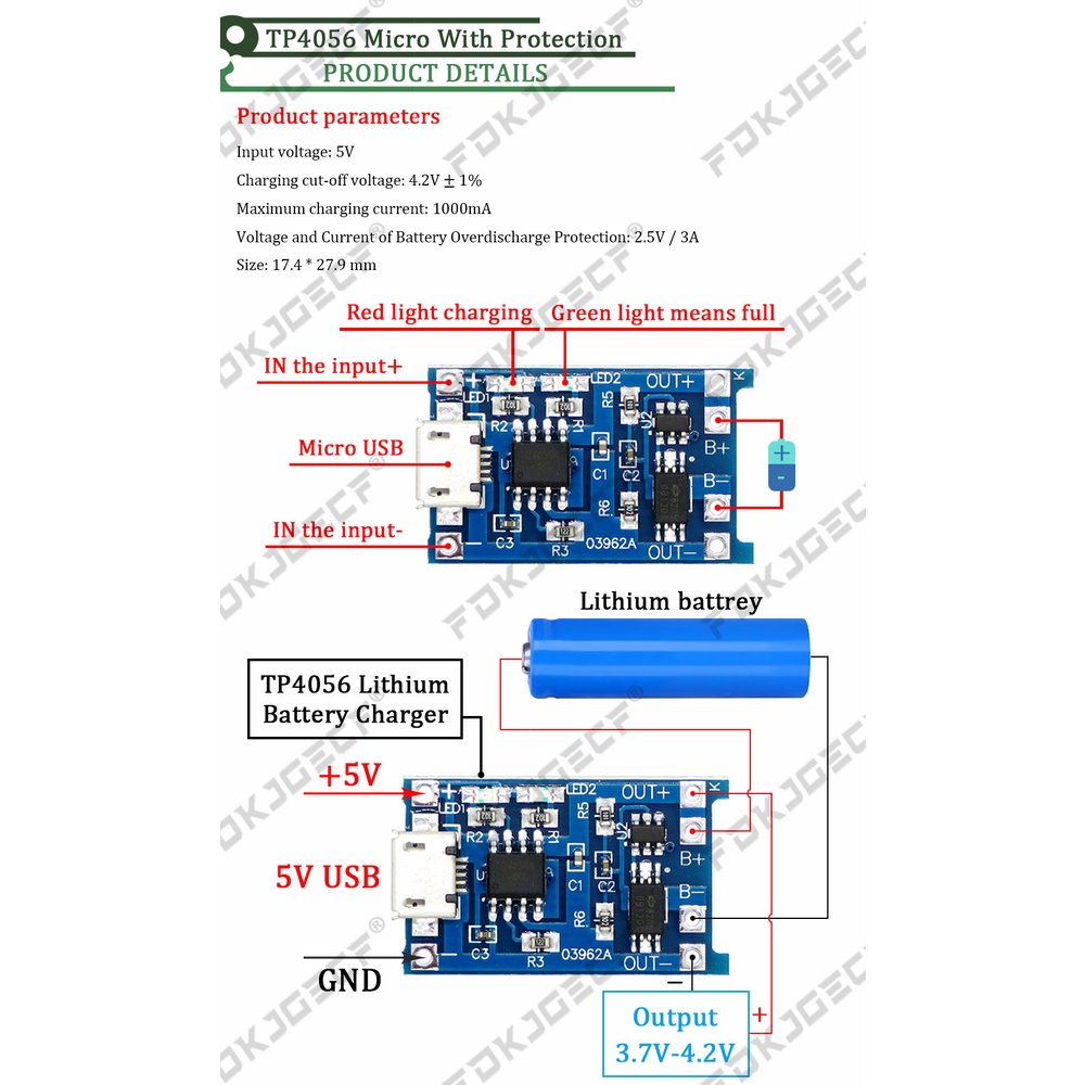Micro USB 5V 1A 18650 TP4056 Lithium Battery Charger Module Charging ...