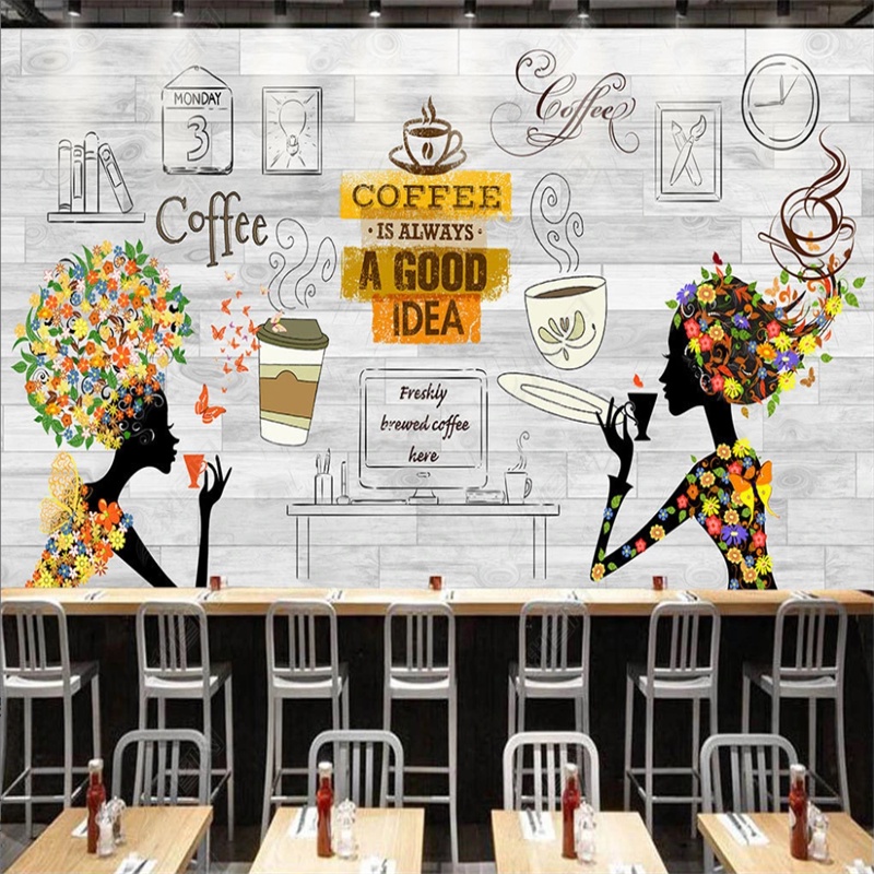Custom Hand Drawn Coffee Wall Paper Mural Industrial Decor Cafe ...
