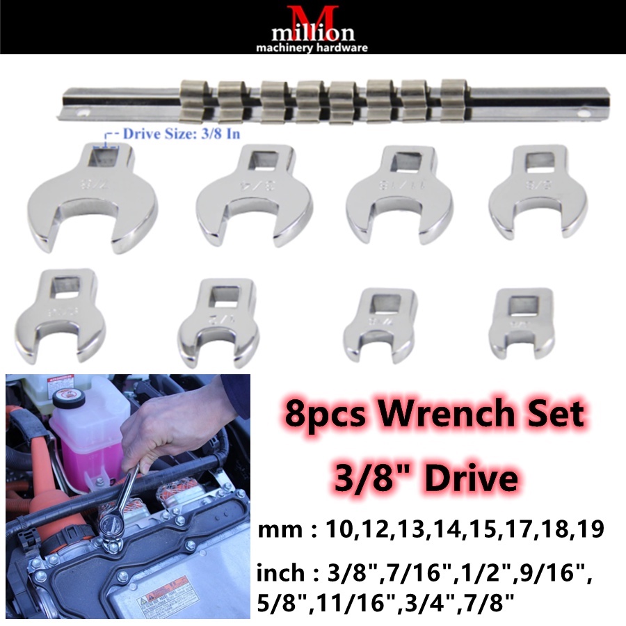 8pcs (10-19mm) (10-22mm)/ (3/8"-7/8") 3/8" Drive Crowfoot Wrench Head ...