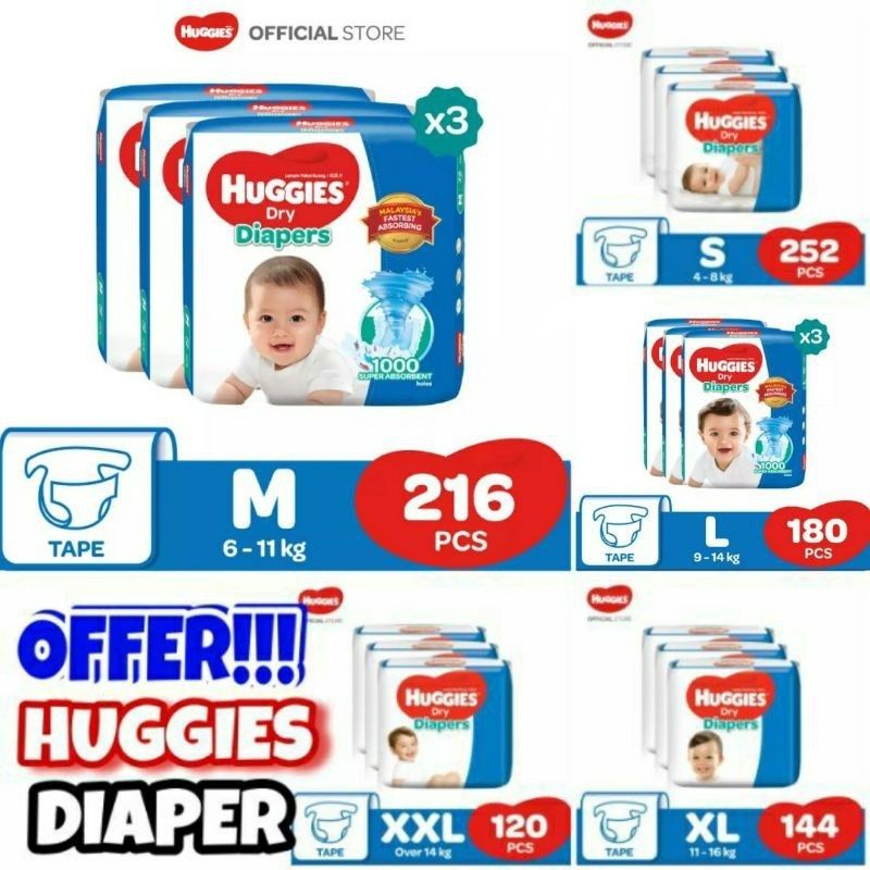 Huggies Dry Diapers Tape Super Jumbo packs (3 packs) | Shopee Malaysia