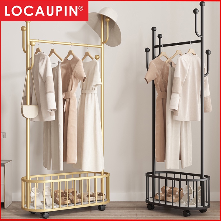 Locaupin Coat Rack with Storage Basket, Freestanding Coat Hanger Stand ...