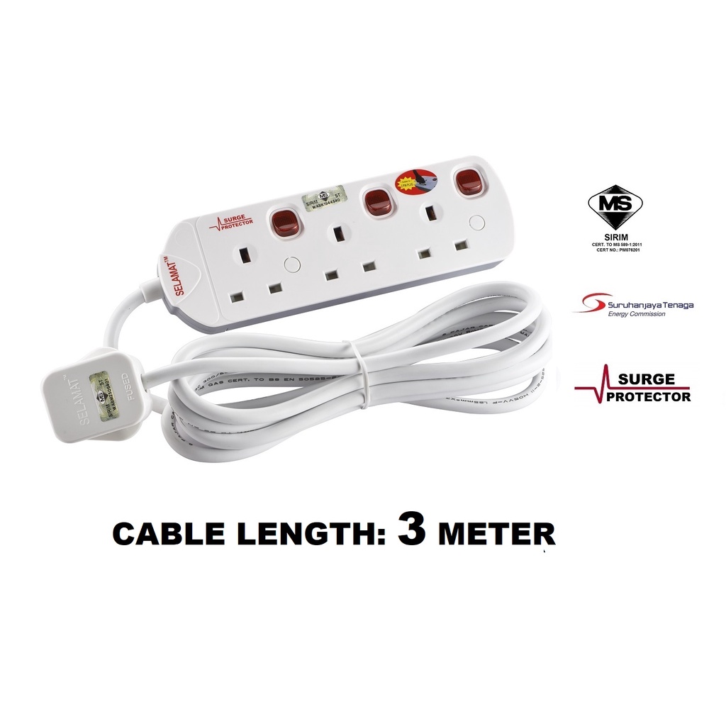 Selamat 3 Gang Surge Protection Extension Socket Trailing Socket 2m 3m 5m Kilang Bulk