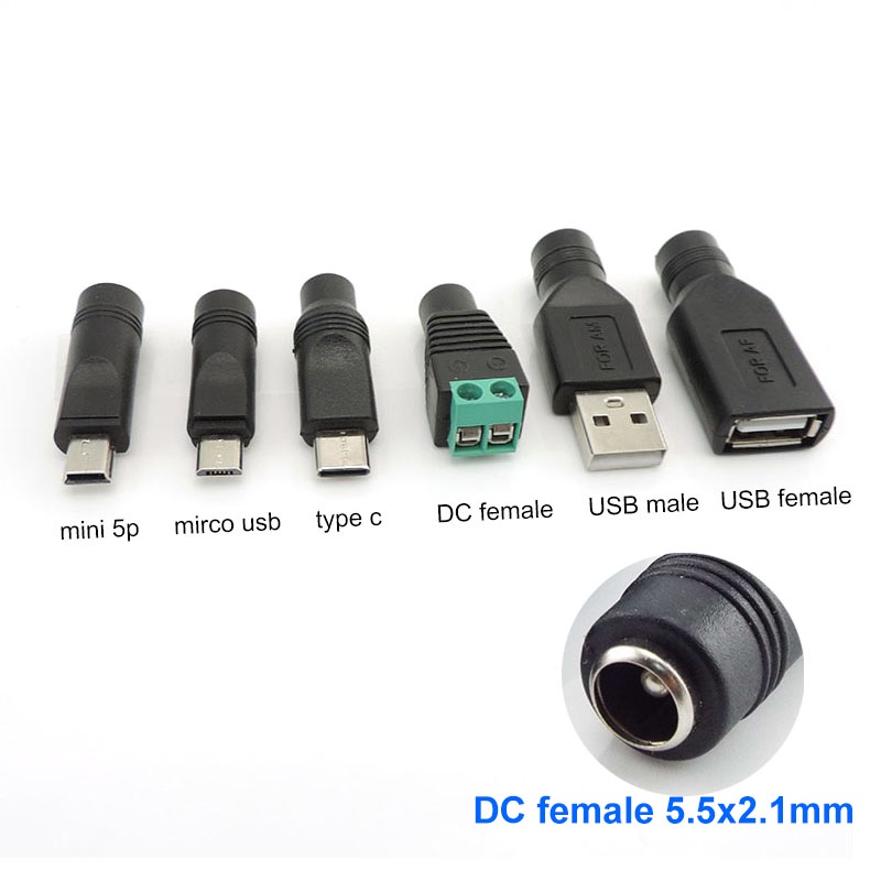USB Mini 5pin A Male Female Mirco Type C to dc female Connector 5.5x2.1mm Power charger ...