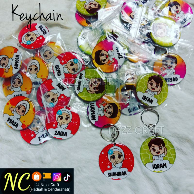 keychain nama/keychain doodle/keychain bajet /hadiah murid (bulat resin ...
