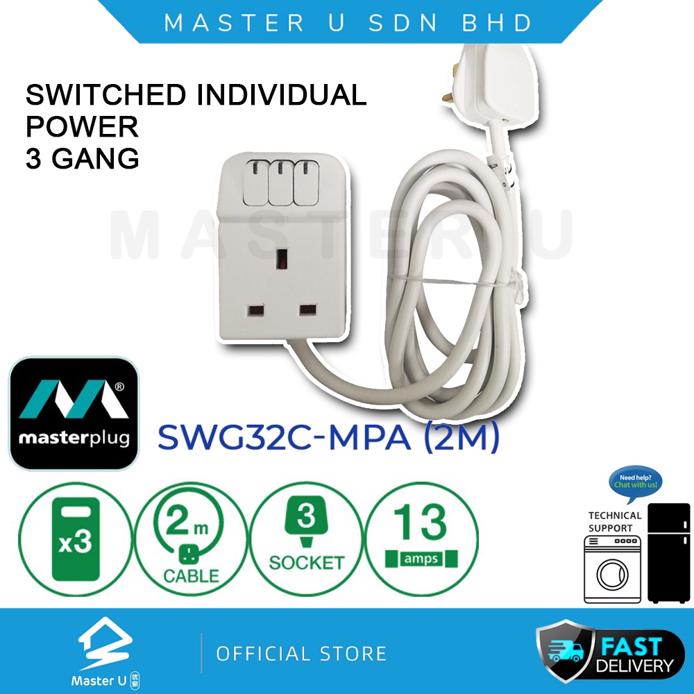 Masterplug 3 Gang 13amp Individual Switched Power Extebsion Lead 2M ...