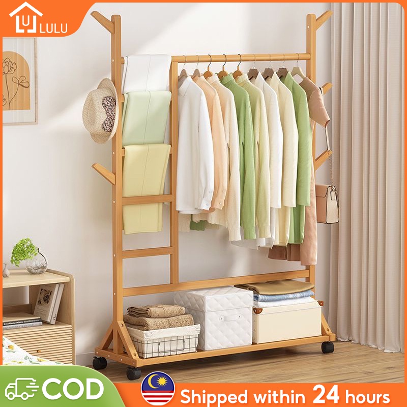 Rak Kayu Buluh Bamboo Wooden Clothes Rack With Wheels Bilik Tidu ...