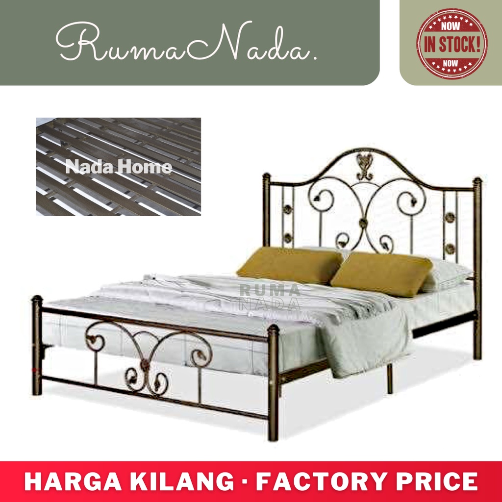 Antique Gold Slat Base Metal Queen Bed / Double Bed Bedroom Furniture ...