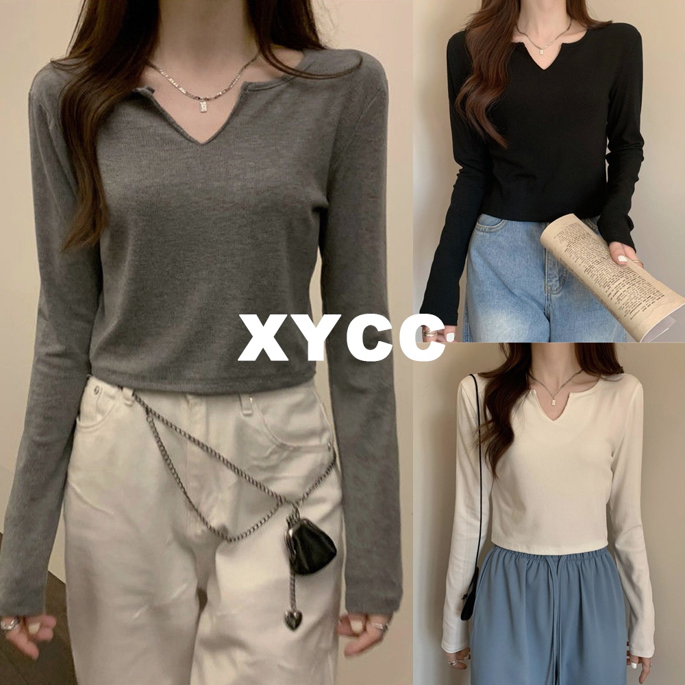 XYCC Women's Long Sleeve Top Casual V-neck T-shirt Black White and Gray Women's Clothing ...