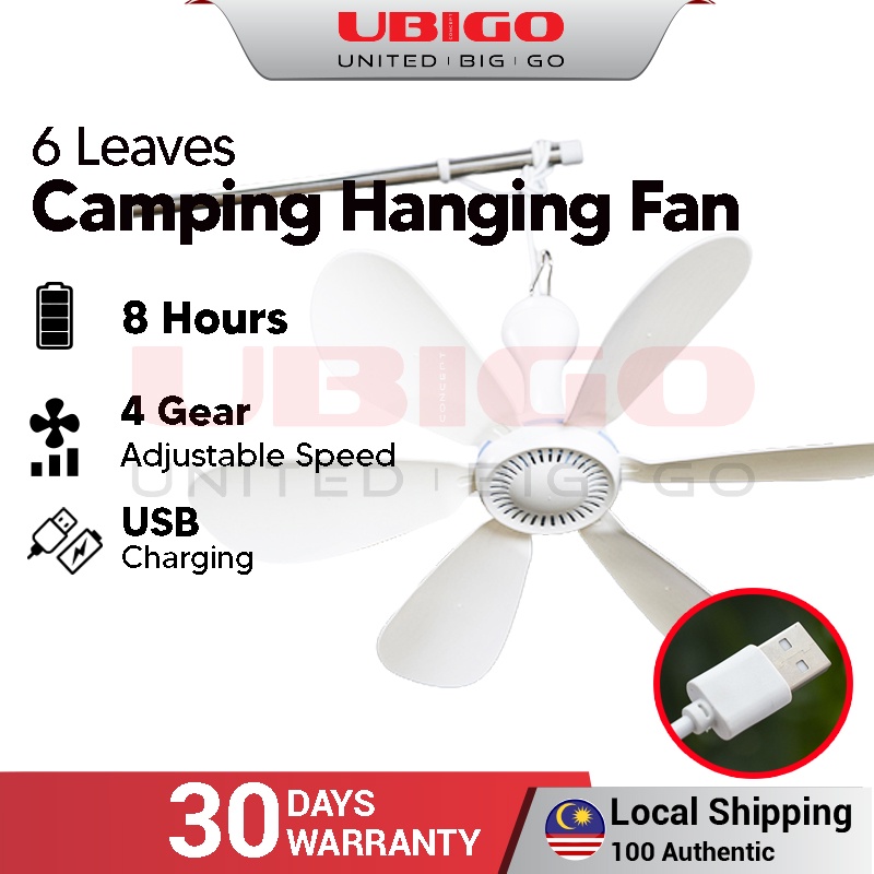 UBIGO Portable Mini Ceiling Fan Hanging Canopy 6 Leaves Kipas USB ...