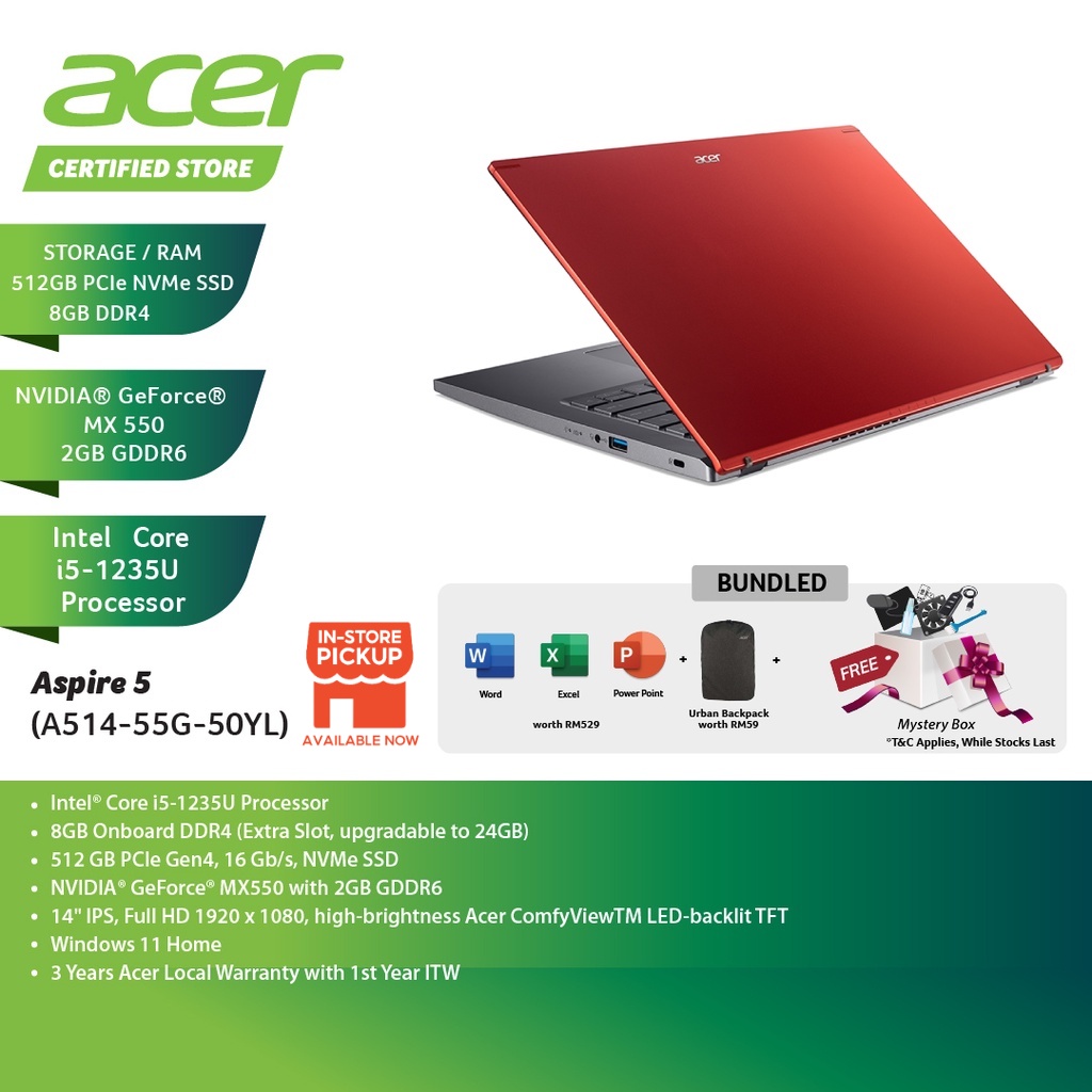Acer Aspire 5 A514-55G-50YL 14'' FHD Laptop Tigerlily Red ( i5-1235U ...