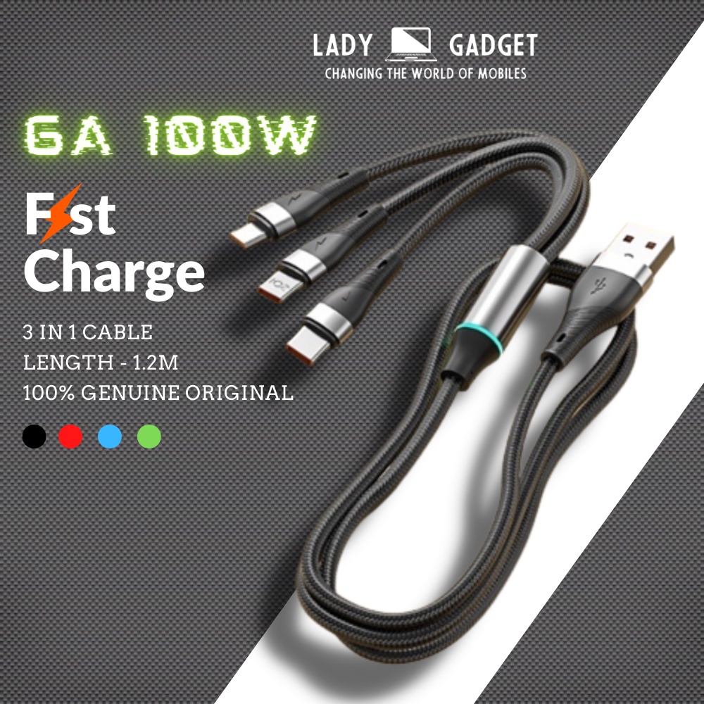 Ready Stock 6A 100W Fast Charger Cable 3 in 1 Charger Cable Micro Usb ...