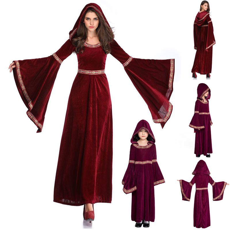 Witch Hooded Vampire Red Dress Wine Cosplay Halloween Carnival Costume ...