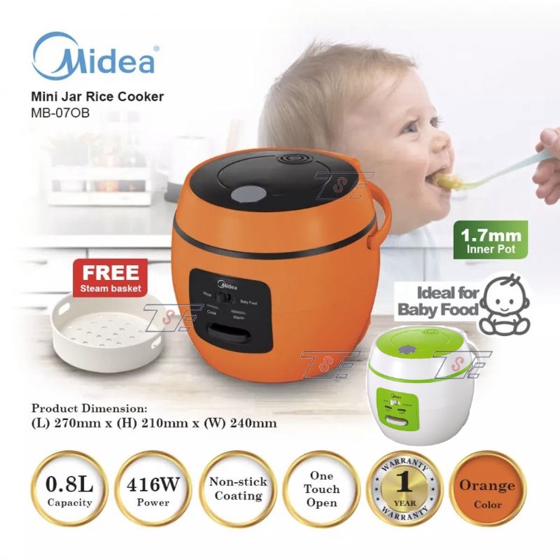 Midea Mini Jar Rice/Porridge Cooker 0.7L Non-Stick Inner Pot MB-07OB/WG ...