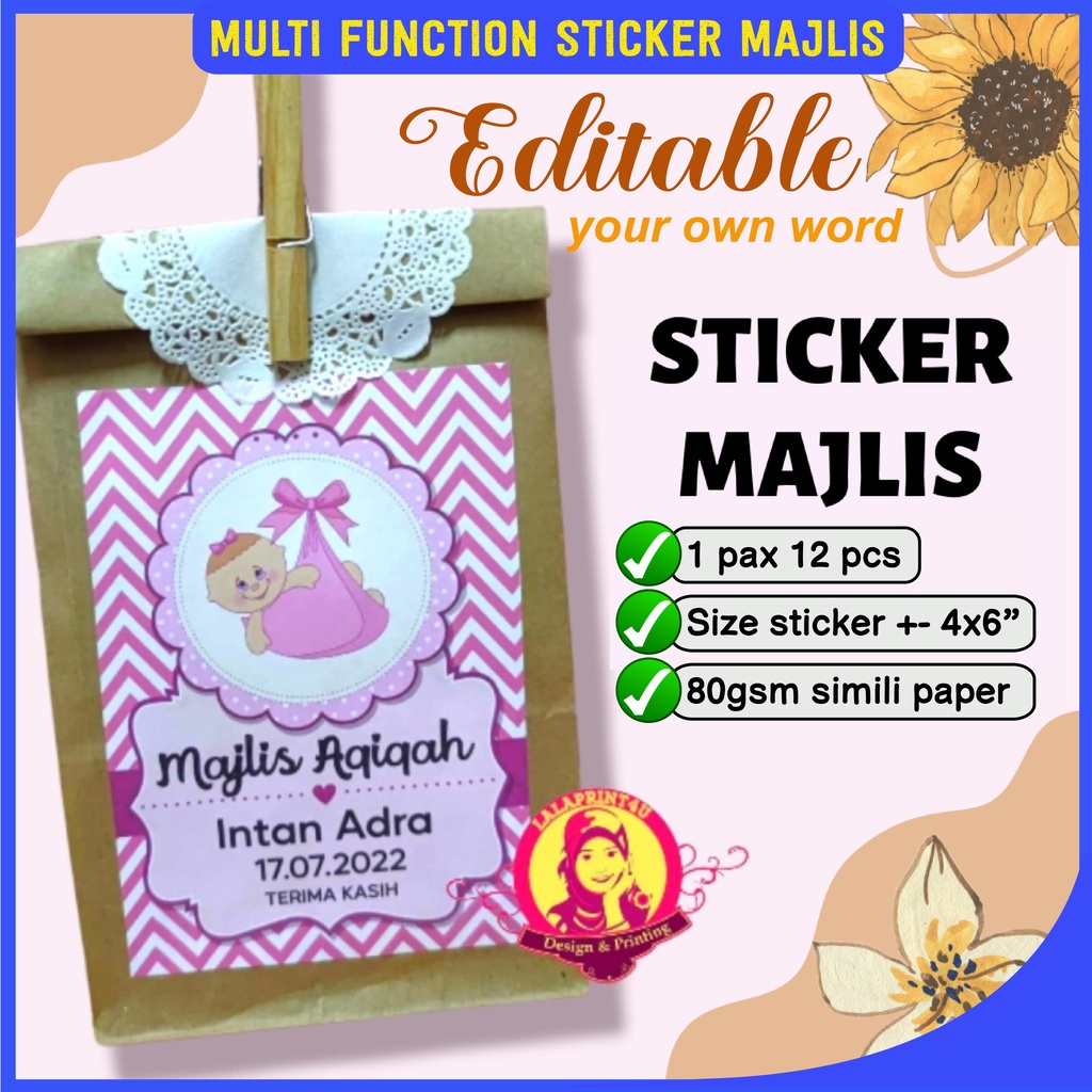 12pcs CUSTOMIZE STICKER MAJLIS Harijadi Birthday Aqiqah Cukur Jambul ...