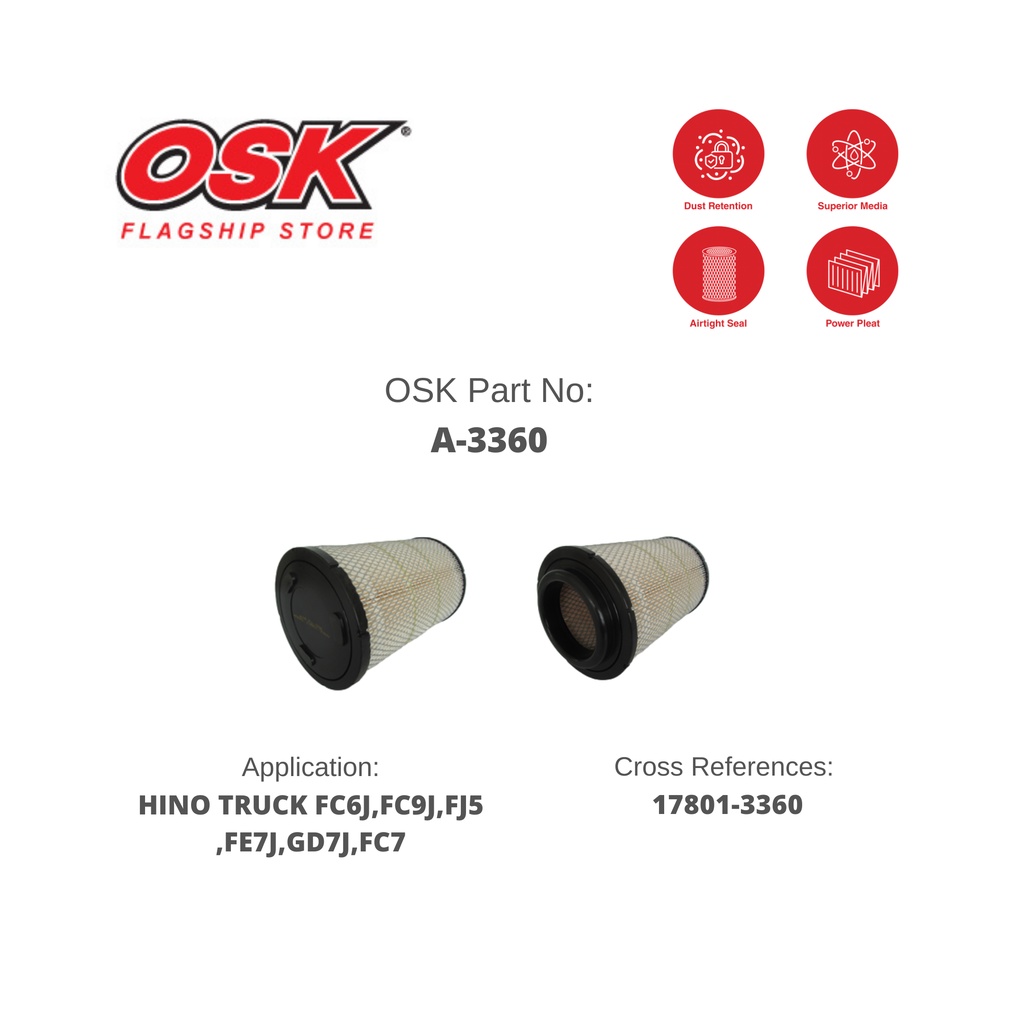 OSK AIR FILTER for HINO TRUCK FC6J,FC9J,FJ5 ,FE7J,GD7J,FC7 17801-3360 ...
