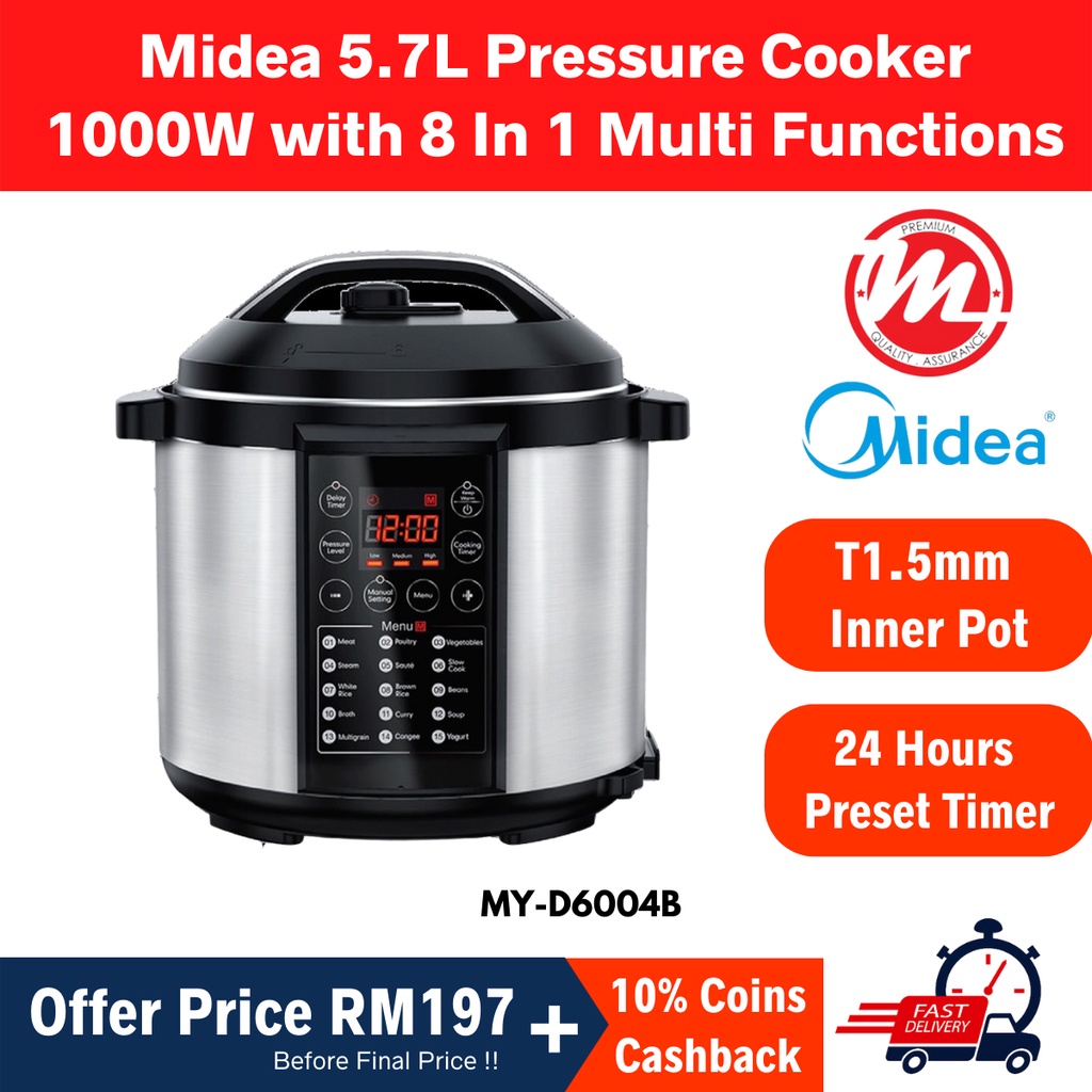 MIDEA 8 In 1 Multi Function Pressure Cooker 1000W with 15 Pre ...