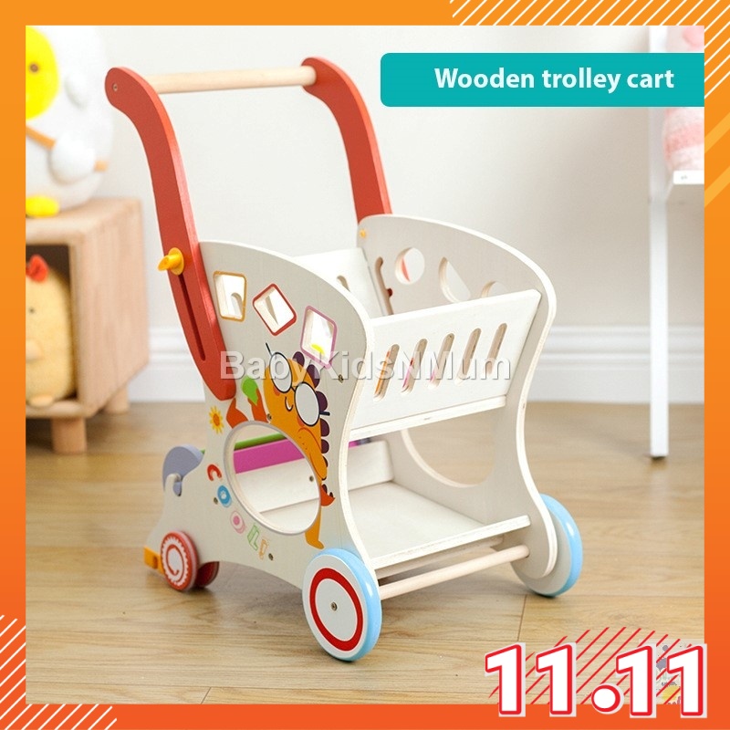 Wooden Shopping Trolley Push Cart Grocery Pretend Play 4 Wheels Walker ...