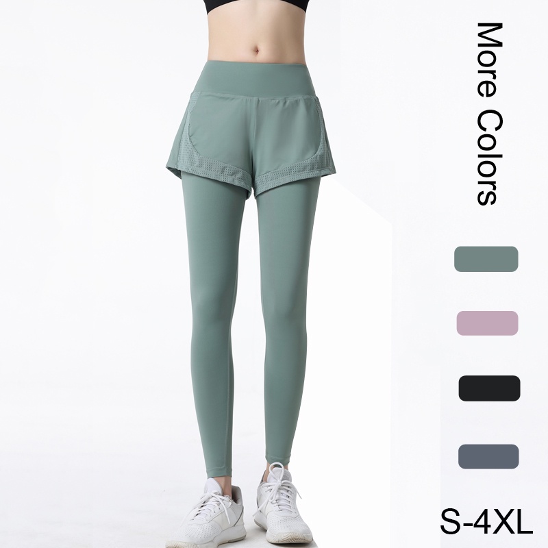 Women Long Leggings Shorts 2in1 with Pocket High Waist Speed Dry ...