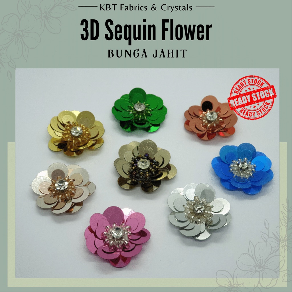 [1pcs] 3D Sew on Flower Bunga Sequin Jahit Exclusive Handmade for ...