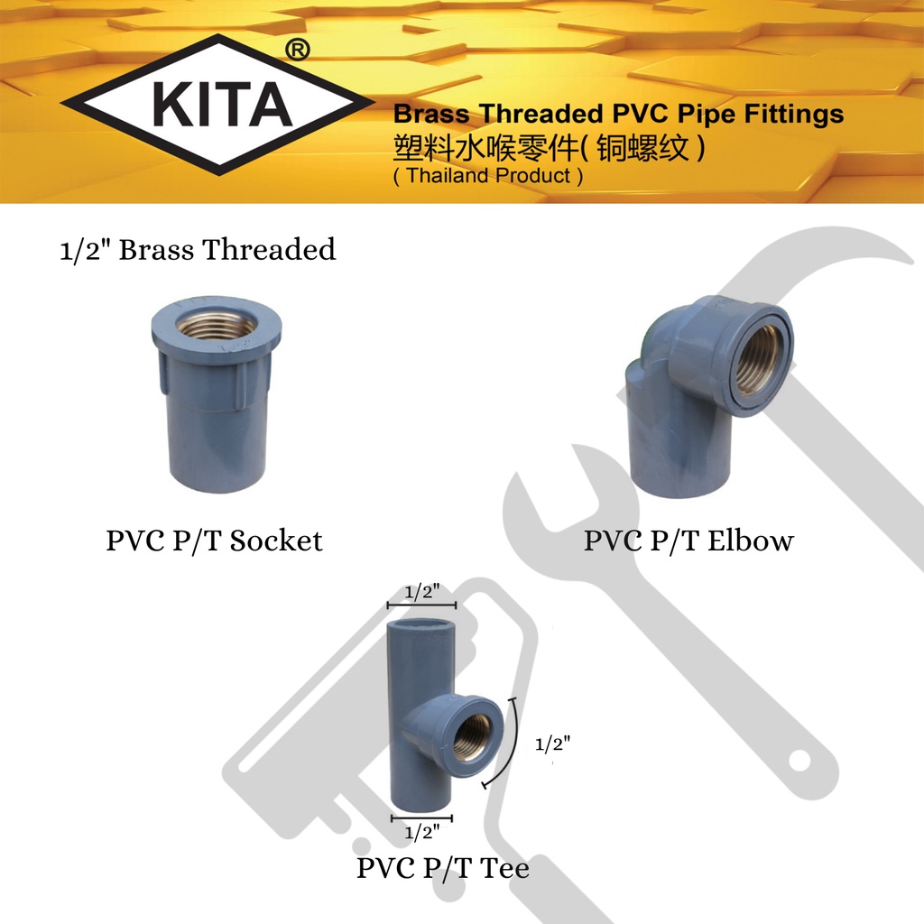 KITA Brass Threaded PVC Pipe Fittings | PT Socket | PT Elbow | PT Tee ...