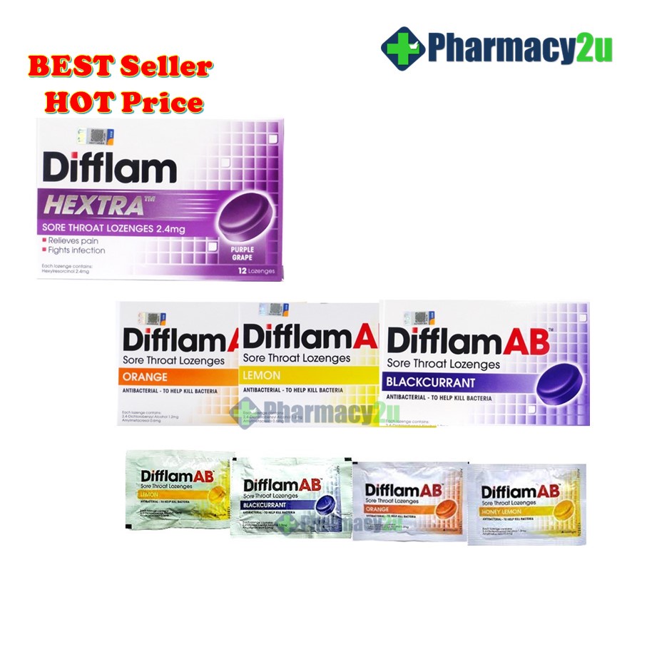 DIFFLAM AB SORE THROAT LOZENGES (BLACKCURRANT /LEMON ) (6S SACHETS/ 12S ...