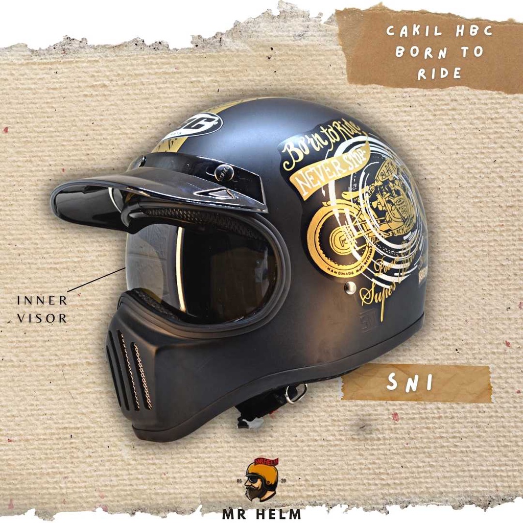Hbc RETRO BORN TO RIDE CAKIL HELMET + INNER VISOR (MR HELM) | Shopee ...