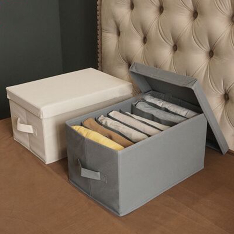 Fabric bag box divided into compartments for clothes, fabric tray with ...