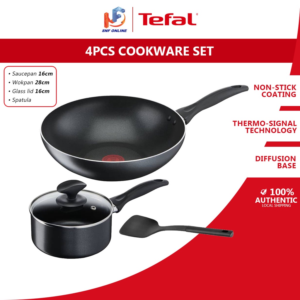 Tefal Cook & Clean 4pcs Set Wokpan 28cm + Saucepan 16cm Non-Stick B225S4 | Shopee Malaysia