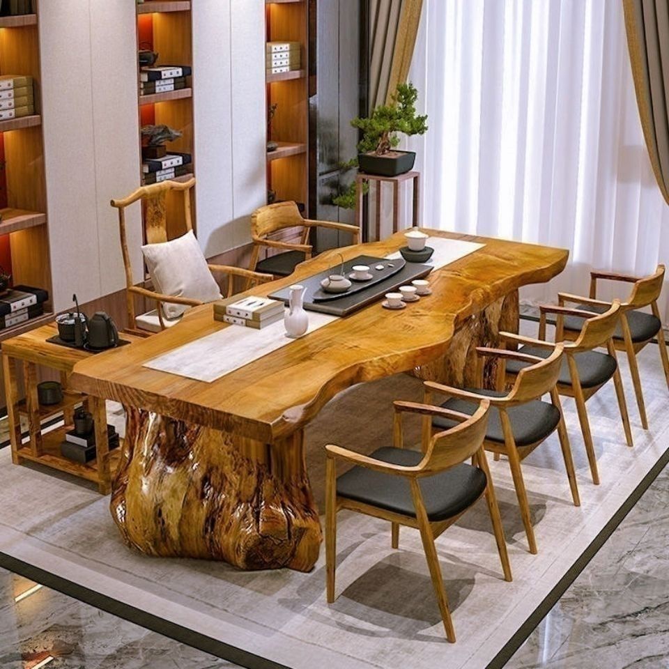 Solid wood tea table and chair combination log large board table office ...