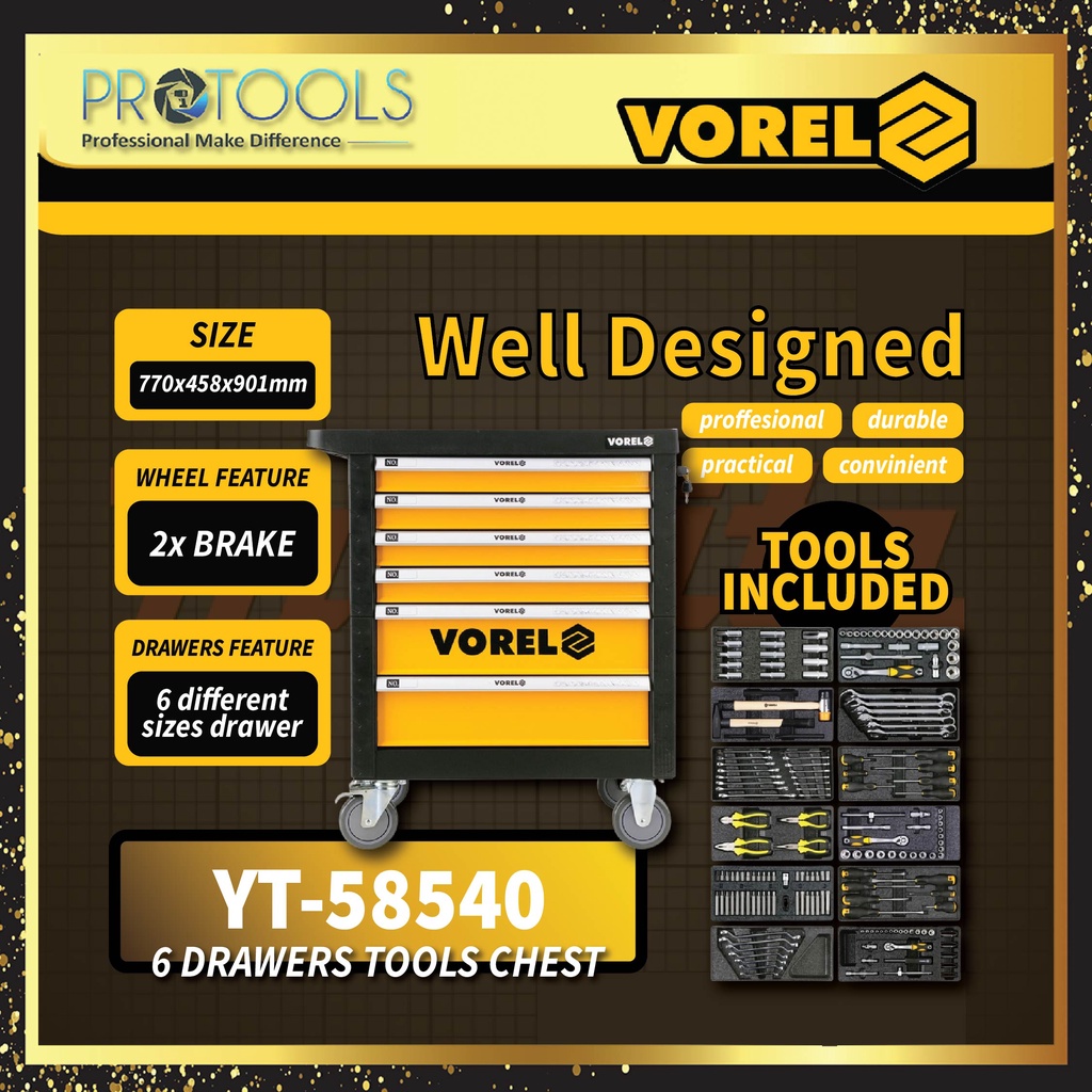 VOREL YT-58540 ( YT58540 / YT 58540 ) 6 DRAWER TOOL CART WITH TOOLS ...