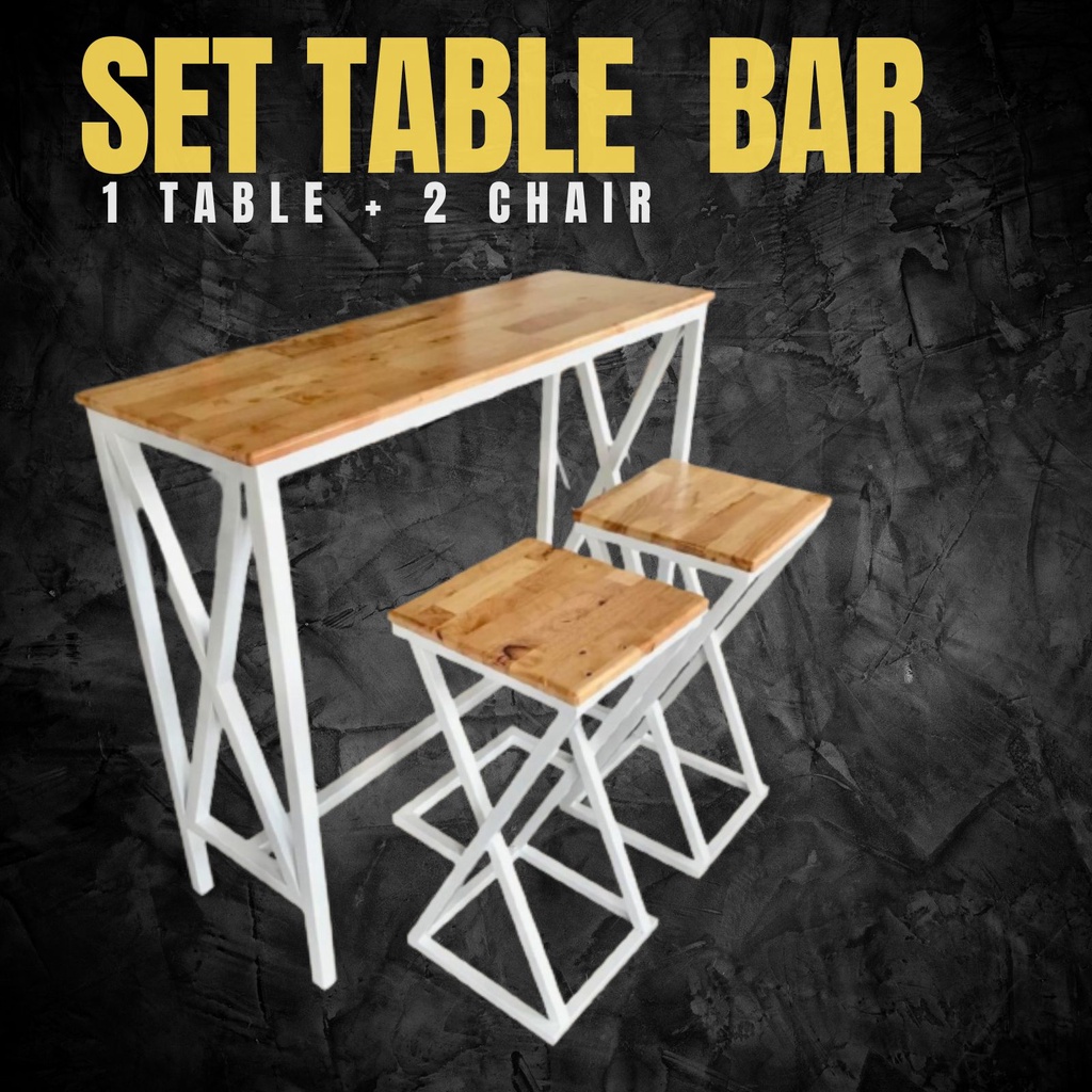 MADE 100% rubberwood 18mm SET TABLE BAR ( 1 TABLE + 2 CHAIR) MEJA STOOL ...
