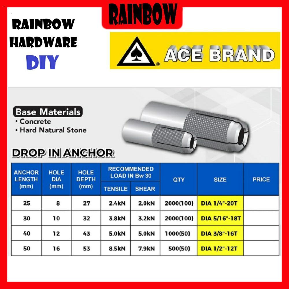 ACE BRAND DROP IN ANCHOR (1/4",5/16",3/8",1/2") - (1PACK=10PCS ...