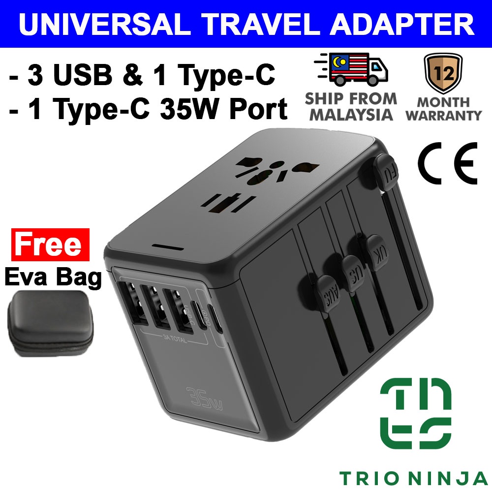 TrioNinja WORLDWIDE UNIVERSAL TRAVELER PLUG ADAPTER 1 FAST CHARGING 35W TYPE-C PORT + 3USB & 1 ...