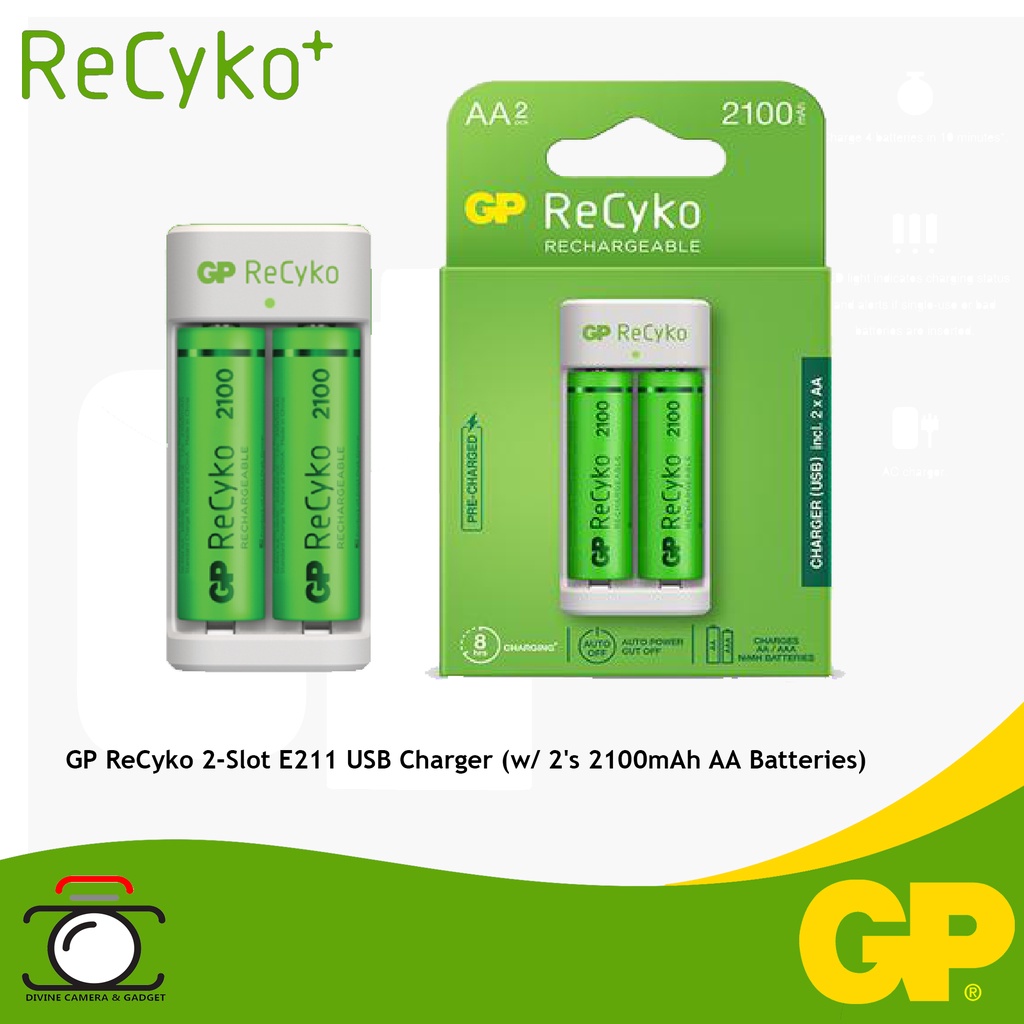 GP ReCyko 2-Slot E211 USB Charger (w/ 2's 2100mAh AA Batteries) | Shopee Malaysia