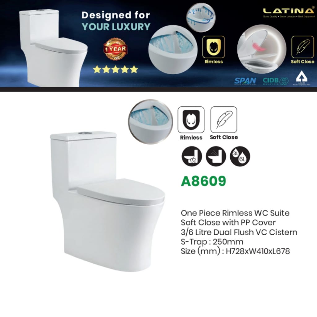 LATINA Rimless WC A8609 One Piece WC with Soft Close Seat & Cover S ...