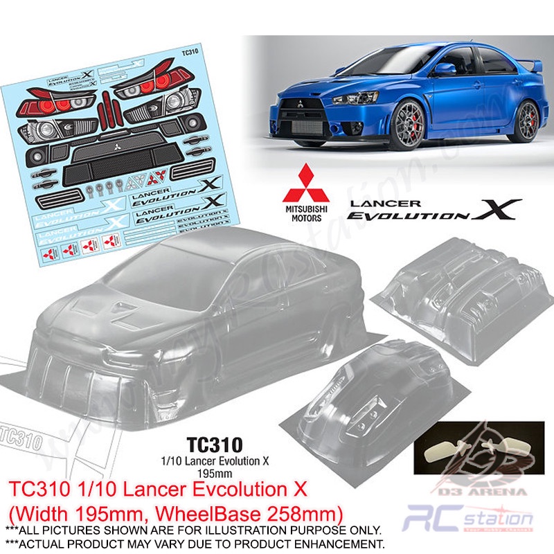 Team C Clear Body Shell TC310 1/10 Lancer Evcolution X (Width 195mm ...
