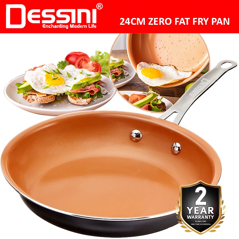 DESSINI ITALY Zero Fat 24CM Frying Pan Die Cast Aluminium Induction Non Stick Copper Pot Bowl ...