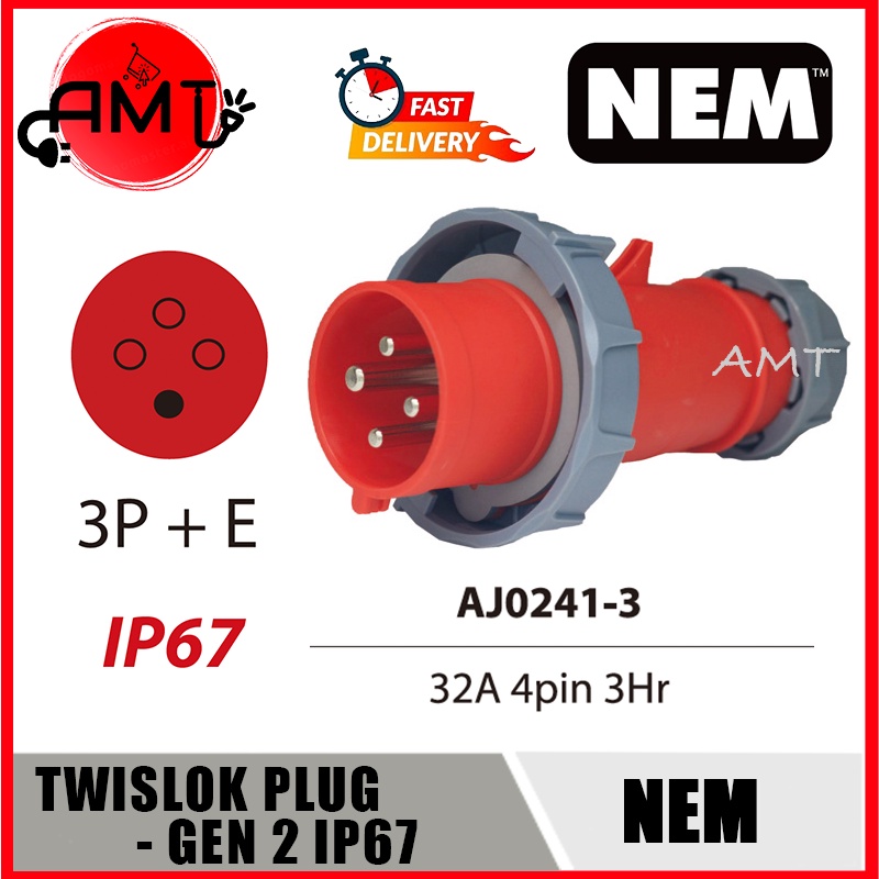 NEM TWISLOK 3P+E PLUG 32A 4PIN 3HR AJ-0241-3 GEN2 IP67 FOR REEFER ...