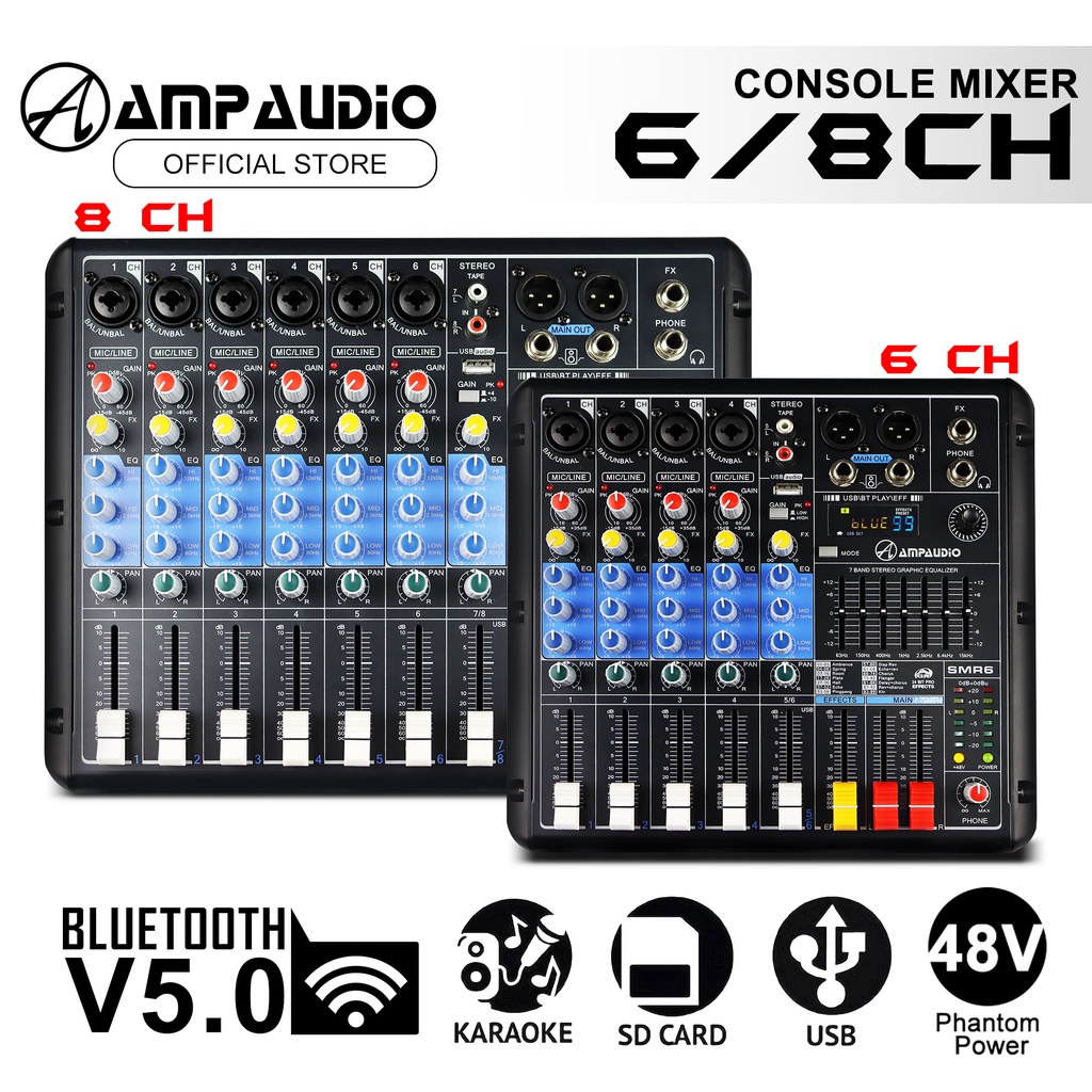 AmpAudio Console Mixer SMR6/ SMR8 6/8 Channel Console Mixer With ...