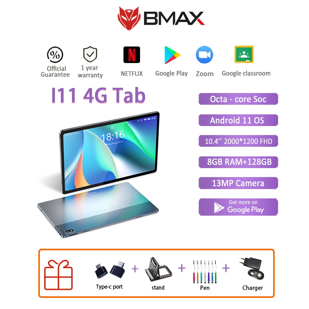 BMAX I11 Tablet 10.4“ 2K Screen 8GB RAM 128GB ROM Android 11 4G LTE Phone Call Dual Wifi Tab ...