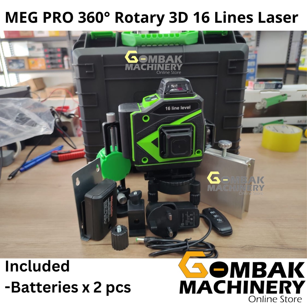 MEG PRO 360° Rotary 3D Green Laser Level 12/16 Lines Self Leveling ...