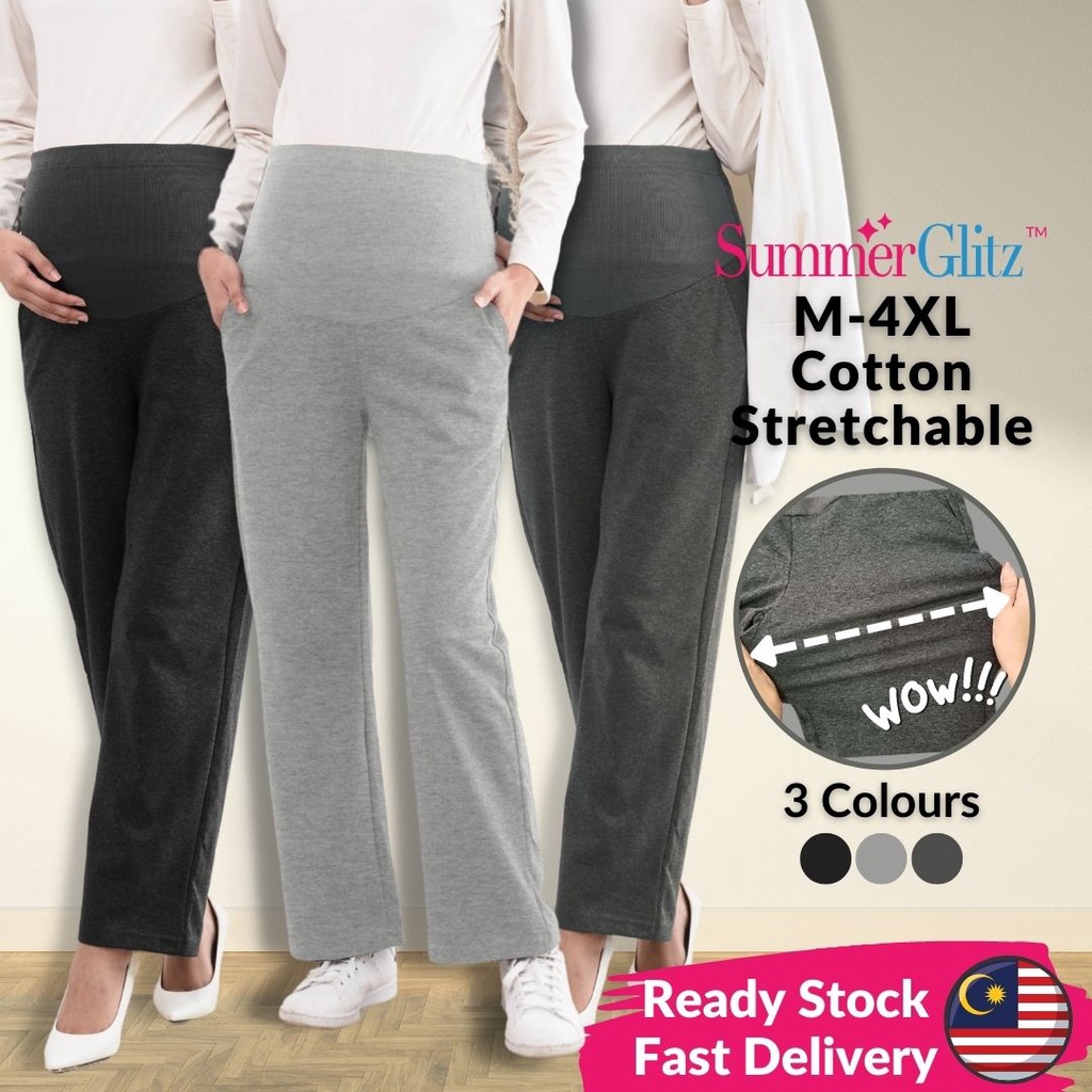 SUMMERGLITZ Maternity Pants Cotton Straight Cut Stretchable Casual ...
