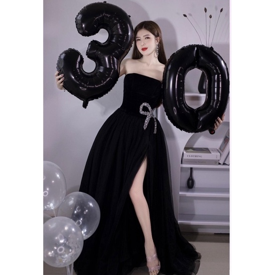 Maxi dress with sparkling bow beaded thigh split chest cup | Shopee ...