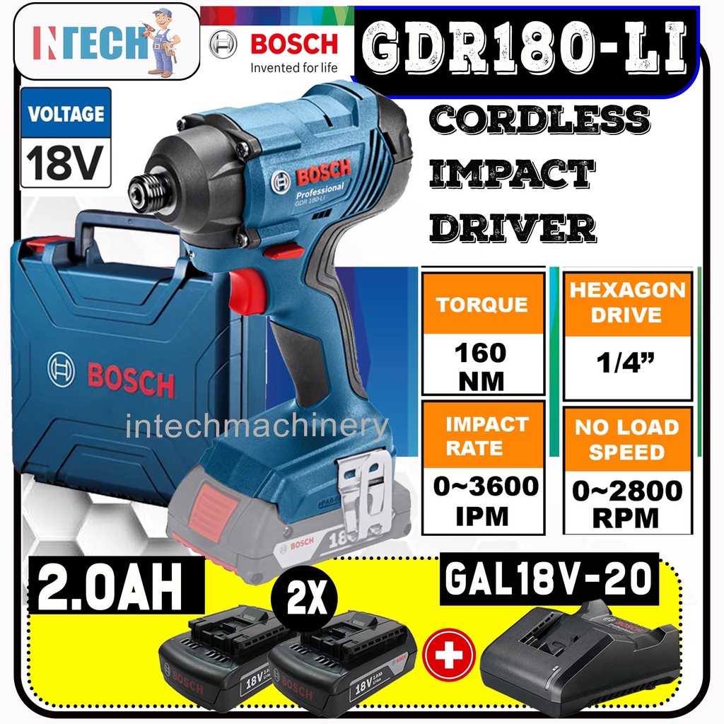 BOSCH GDR180-LI CORDLESS IMPACT DRIVER ( 1x GAL18V-20 CHARGER +2x 18V 2 ...