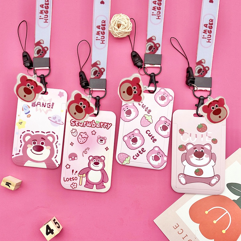 Lotso Card Holder with Long Lanyard Pink Strawberry Bear Card ...
