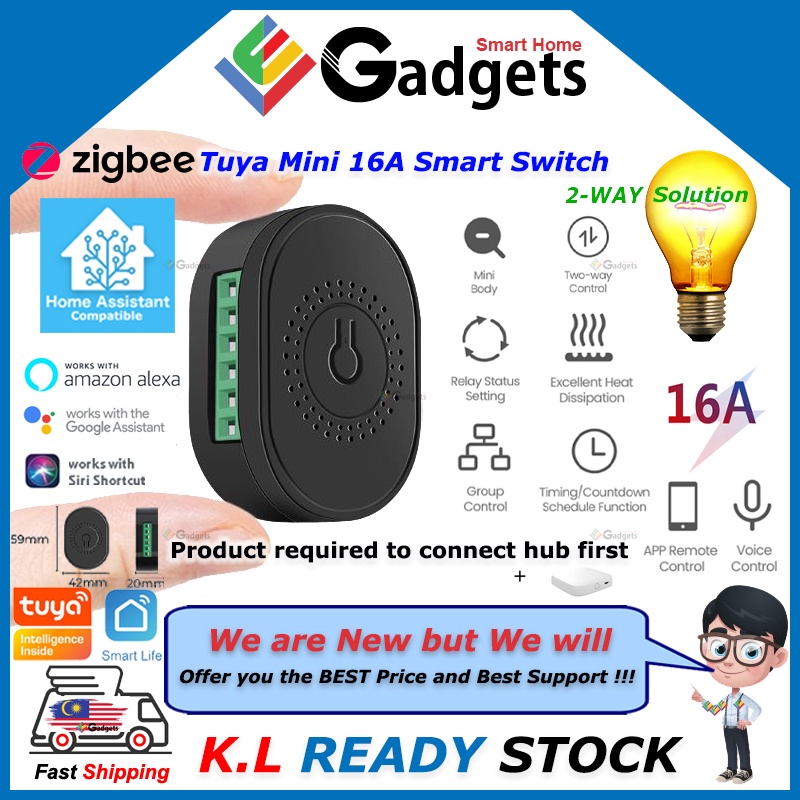 Tuya Mini Smart Switch 16A ZigBee Switch works with 2 Way Gang No Capacitor Smart Life Google ...