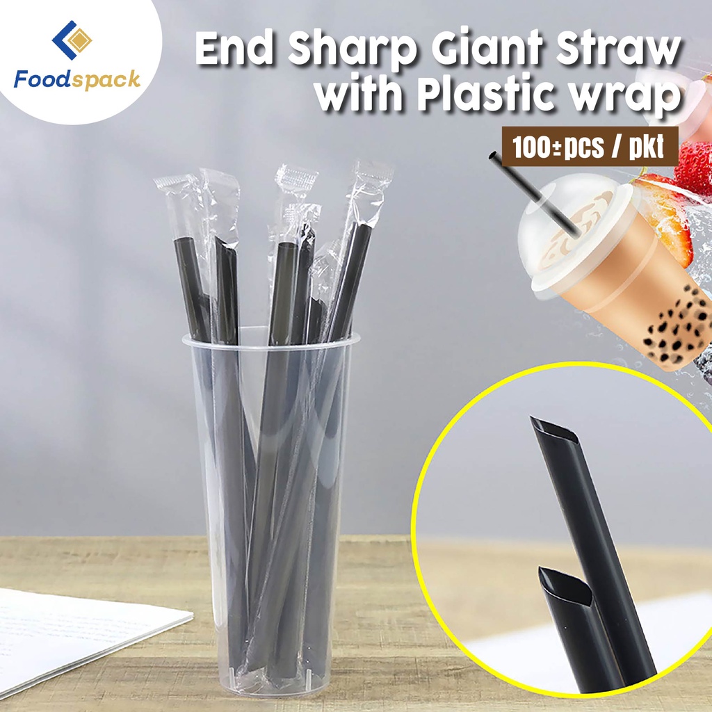 (100pcs+ ) 12mm X 230mm Black Giant Straw End Sharp with Plastic Wrap ...