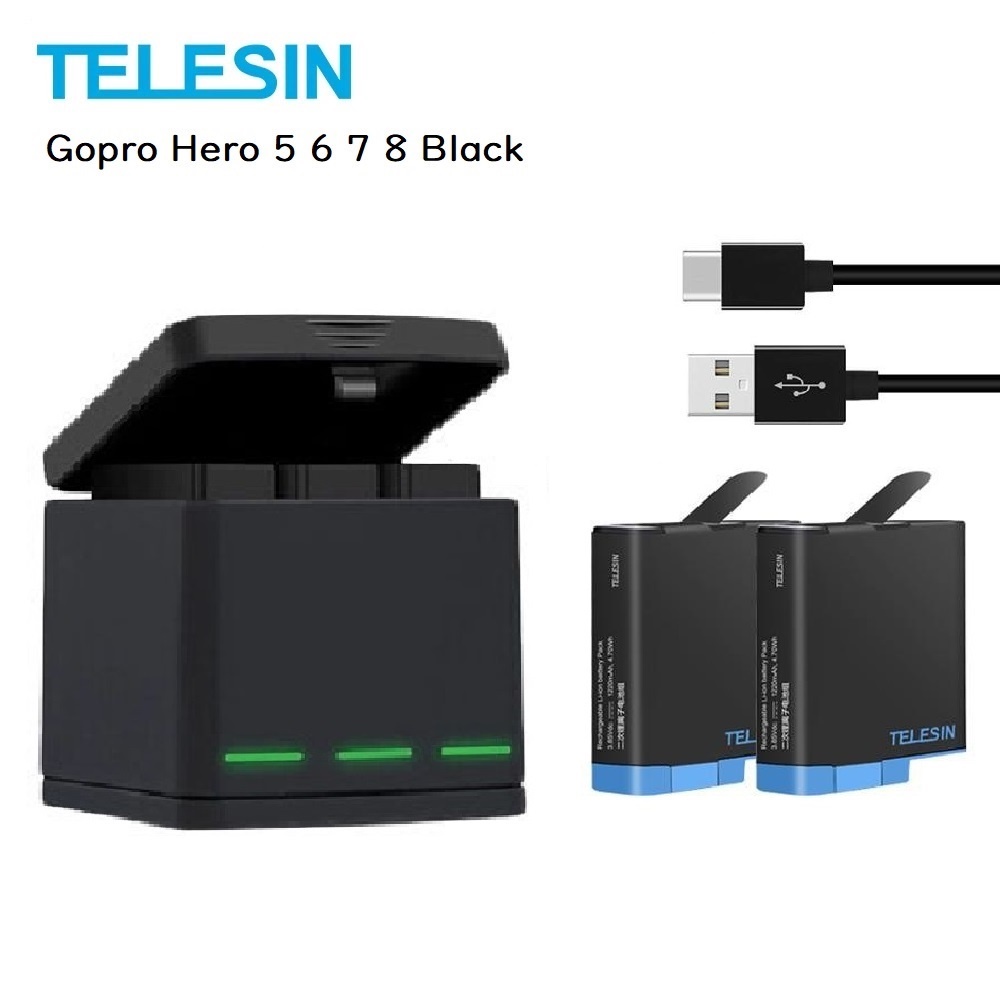 TELESIN 2 Pack Li-ion Charging Batteries + 3 Slots Battery Charging Box ...
