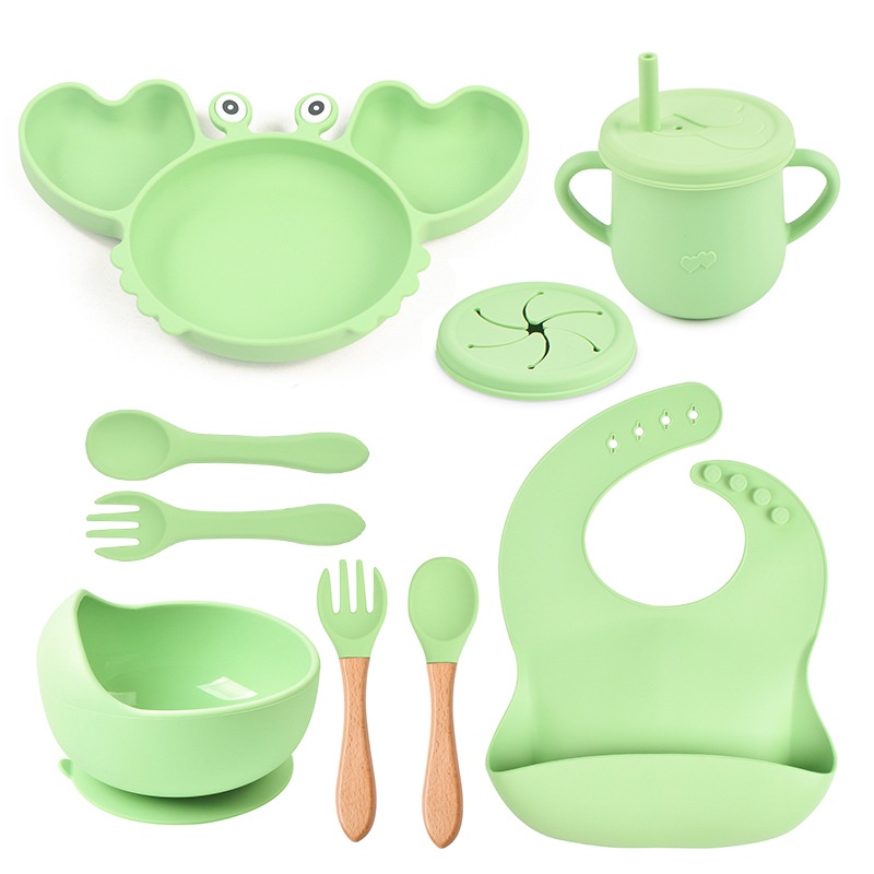 8pcs Baby Tableware Set Silicone Bowl Crab Dinner Plate Bib Baby Bowl ...